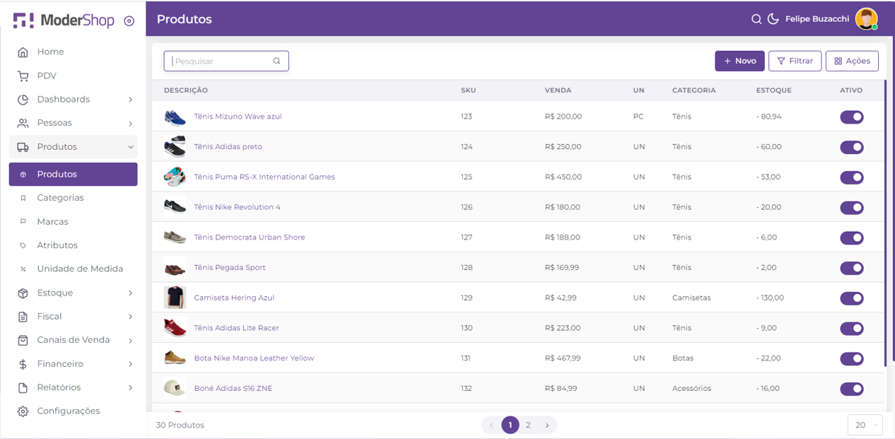 Gerenciamento de produtos - ModerShop - Conteúdo