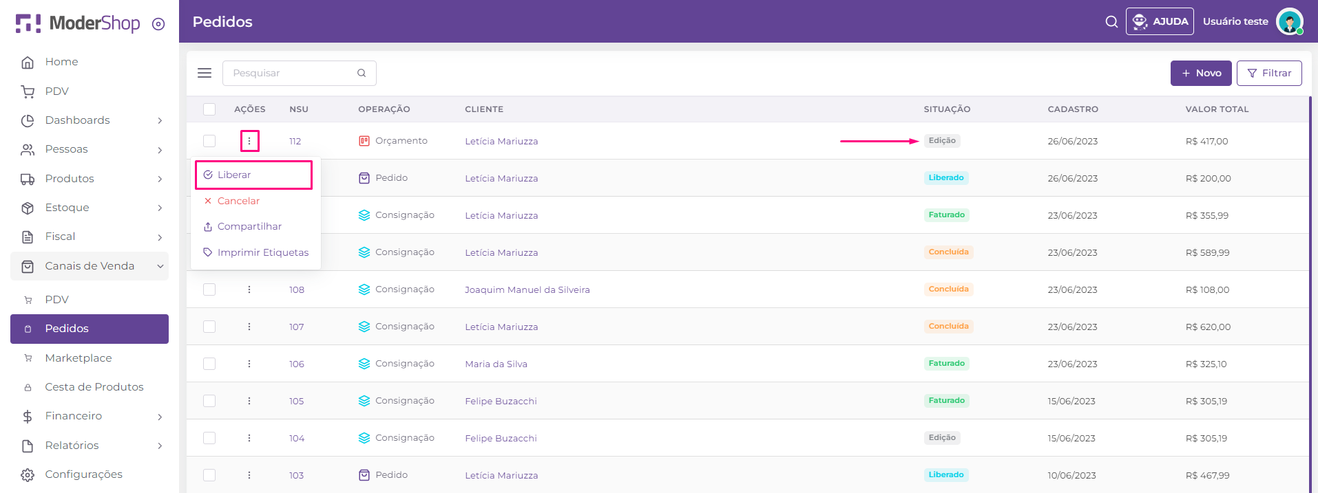 Emitir pedido - ModerShop - Conteúdo
